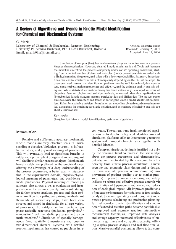 (PDF) A Review of Algorithms and Trends in Kinetic Model Identification for Chemical and ...