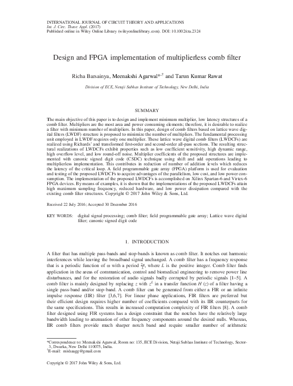 Pdf Design And Fpga Implementation Of Multiplierless Comb Filter Dr