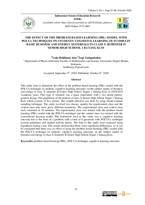 (PDF) The Effect of the Problem Based Learning (PBL) Model with Polya ...