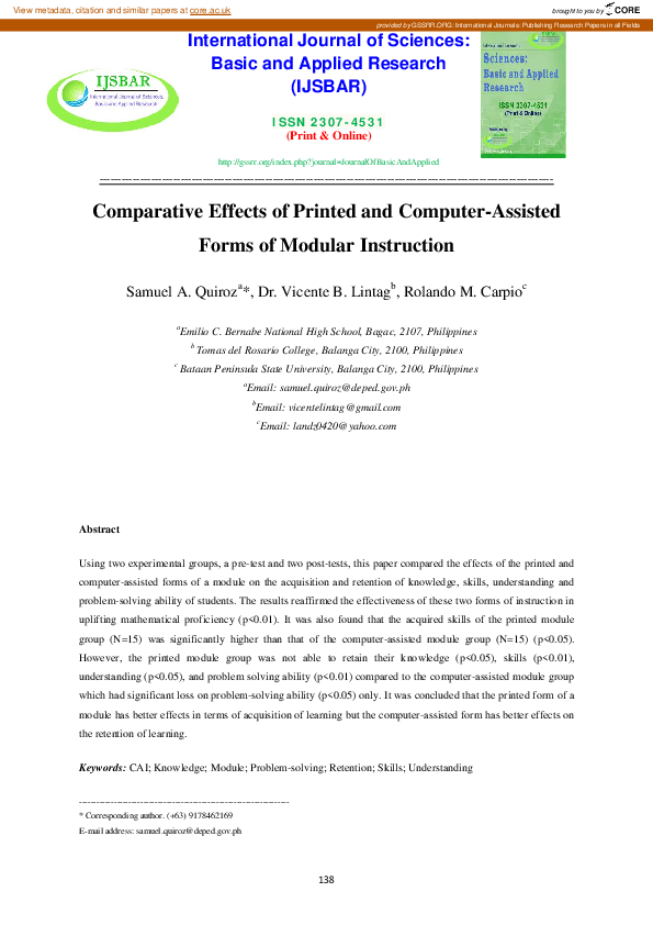 (PDF) Comparative Effects of Printed and Computer-Assisted Forms of Modular Instruction