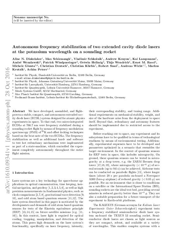 (PDF) Autonomous frequency stabilization of two extended-cavity diode lasers at the potassium ...