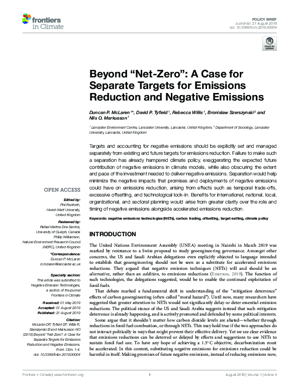 (PDF) Beyond “Net-Zero”: A Case for Separate Targets for Emissions ...