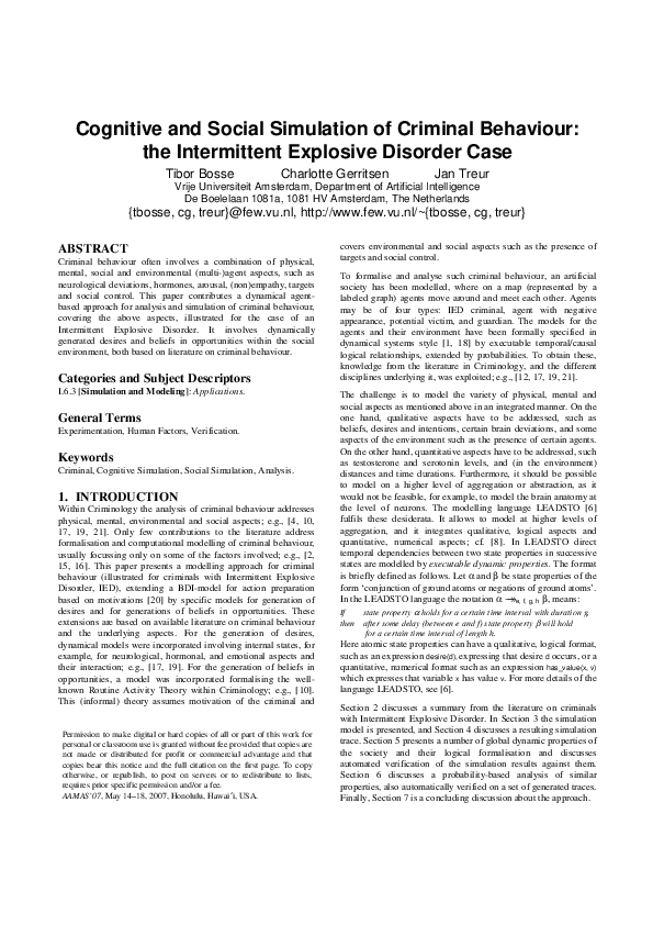 (PDF) Cognitive and social simulation of criminal behaviour