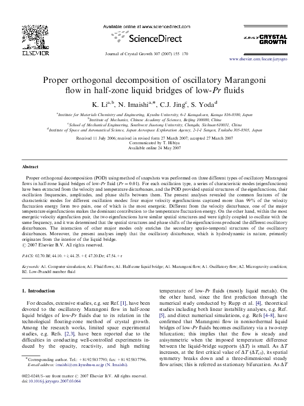 (PDF) Proper orthogonal decomposition of oscillatory Marangoni flow in half-zone liquid bridges ...