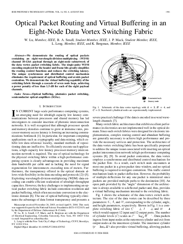 Pdf Optical Packet Routing And Virtual Buffering In An Eight Node Data Vortex Switching Fabric