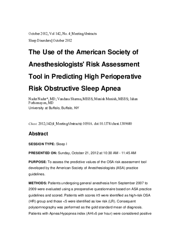 (PDF) The Use of the American Society of Anesthesiologists' Risk ...