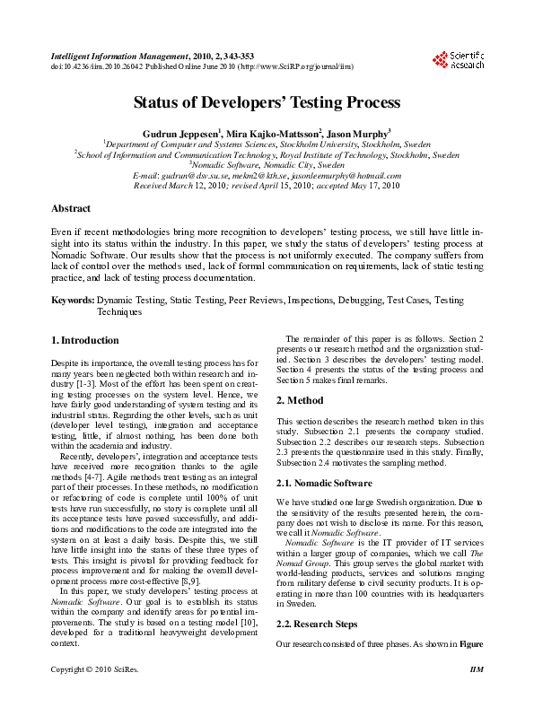 (PDF) Status of Developers’ Testing Process