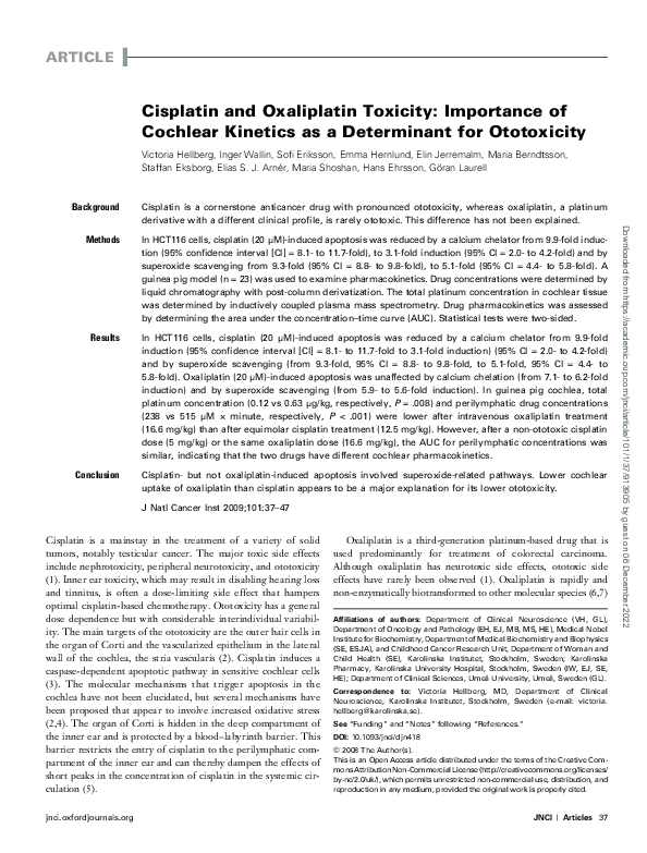 Pdf Cisplatin And Oxaliplatin Toxicity Importance Of Cochlear Kinetics As A Determinant For