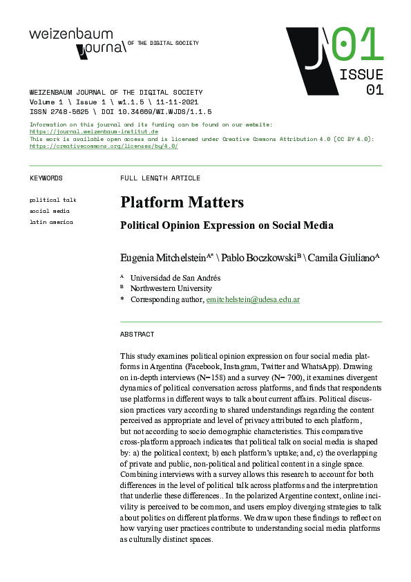 (PDF) Platform Matters: Political Opinion Expression on Social Media