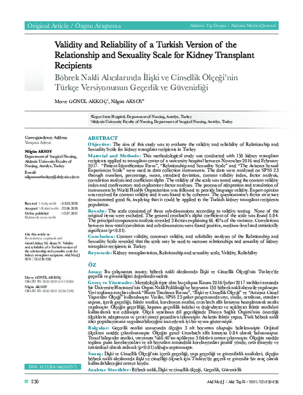 (PDF) Validity and Reliability of a Turkish Version of the Relationship and Sexuality Scale for ...
