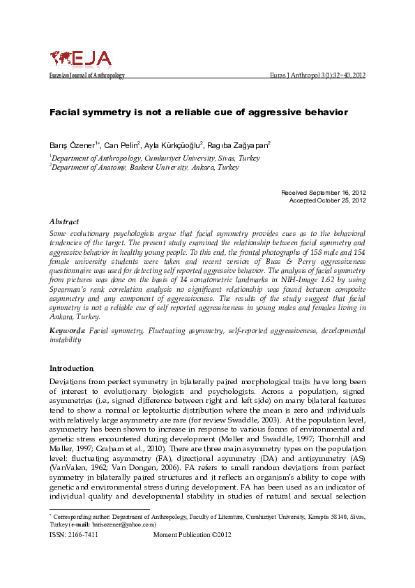 (PDF) Facial symmetry is not a reliable cue of aggressive behavior