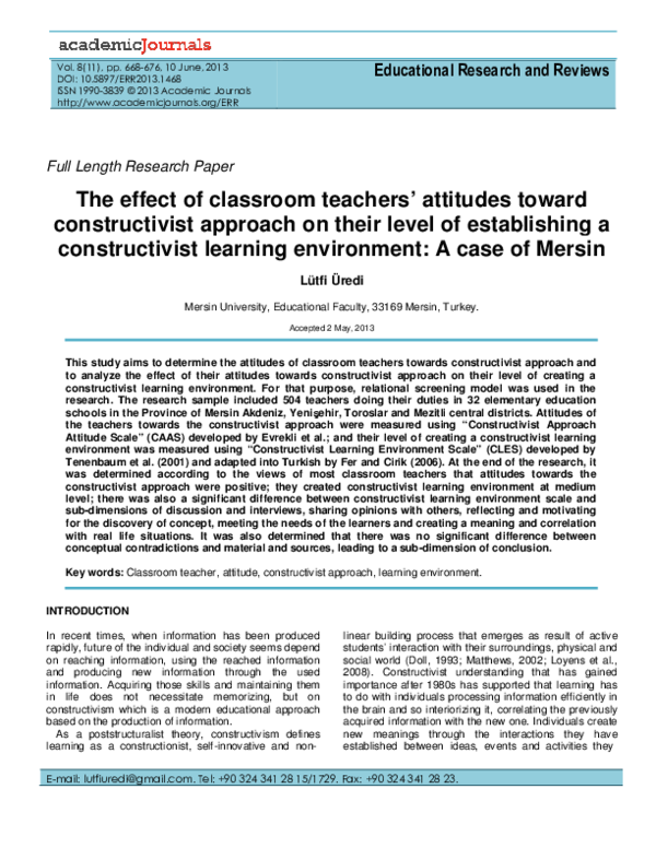 (PDF) The effect of classroom teachers attitudes toward constructivist approach on their level ...