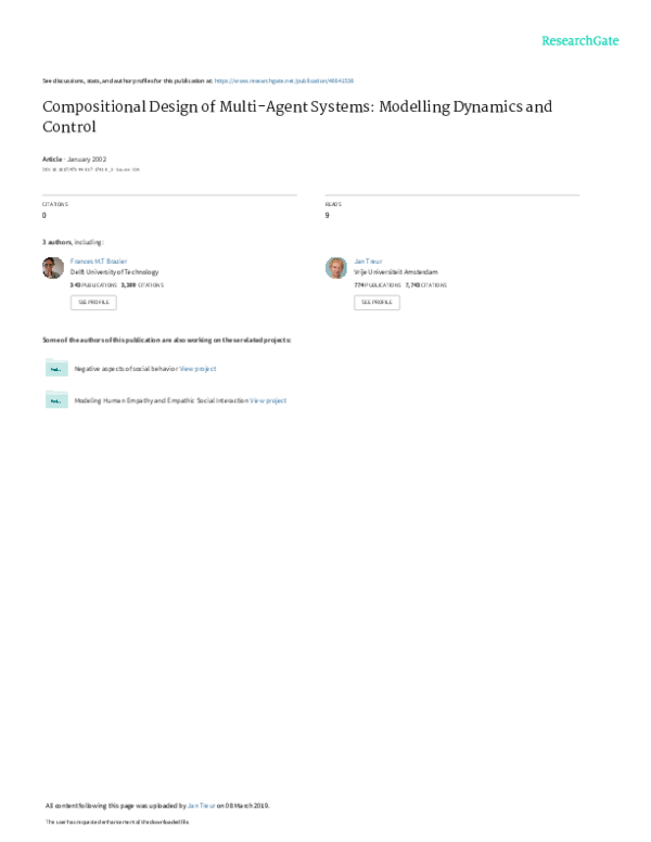 Pdf Compositional Design Of Multi Agent Systems Modelling Dynamics And Control