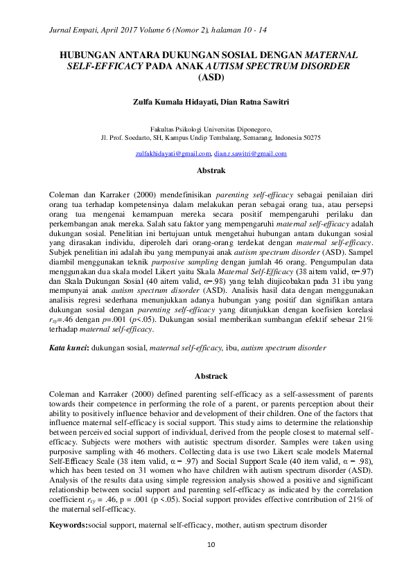 (PDF) Hubungan Antara Dukungan Sosial Dengan Maternal Self-Efficacy Pada Anak Autism Spectrum ...