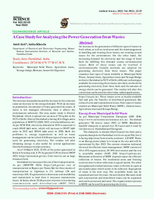 (PDF) A Case Study for Analyzing the Power Generation from Wastes (PDF) A Case Study for Analyzing the Power Generation from Wastes