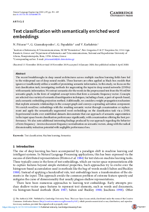 (PDF) Text classification with semantically enriched word embeddings