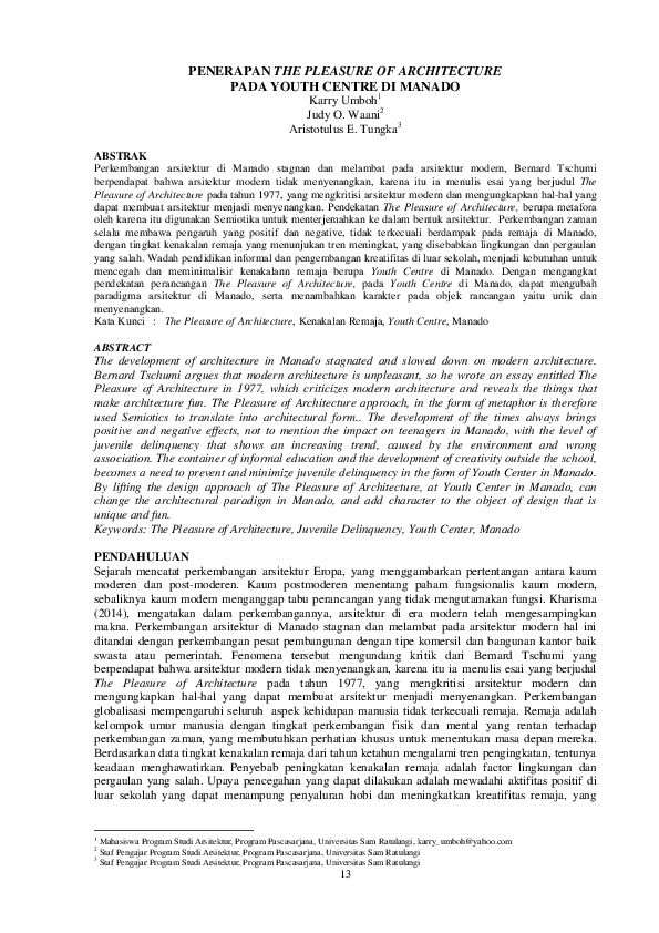 (PDF) Penerapan the Pleasure of Architecture Pada Youth Centre Di Manado