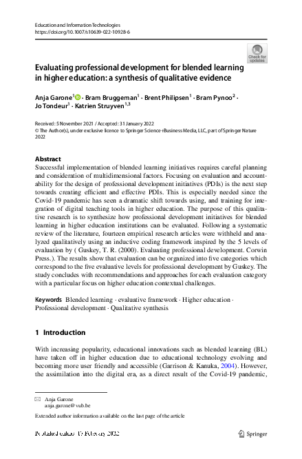 (PDF) Evaluating professional development for blended learning in higher education: a synthesis ...