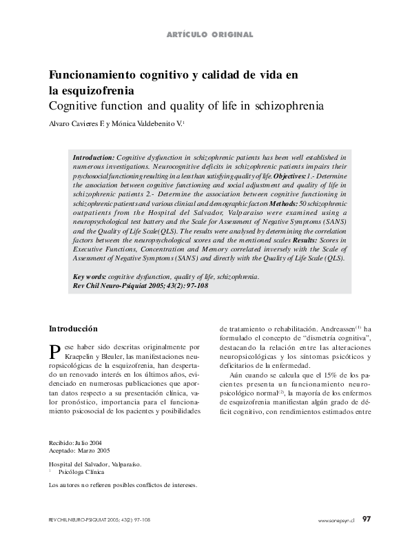 (PDF) Funcionamiento cognitivo y calidad de vida en la esquizofrenia