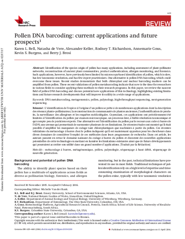 (PDF) Pollen DNA barcoding: current applications and future prospects