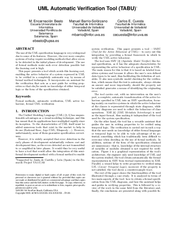(PDF) UML automatic verification tool (TABU) | Encarna Gutierrez - Academia.edu