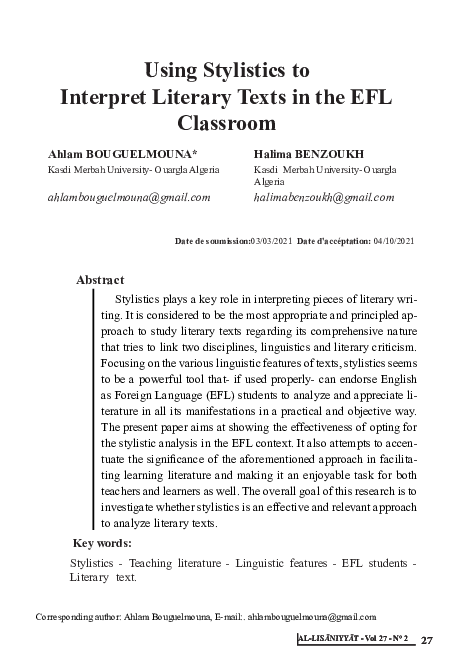 (PDF) Using Stylistics to Interpret Literary Texts in the EFL Classroom