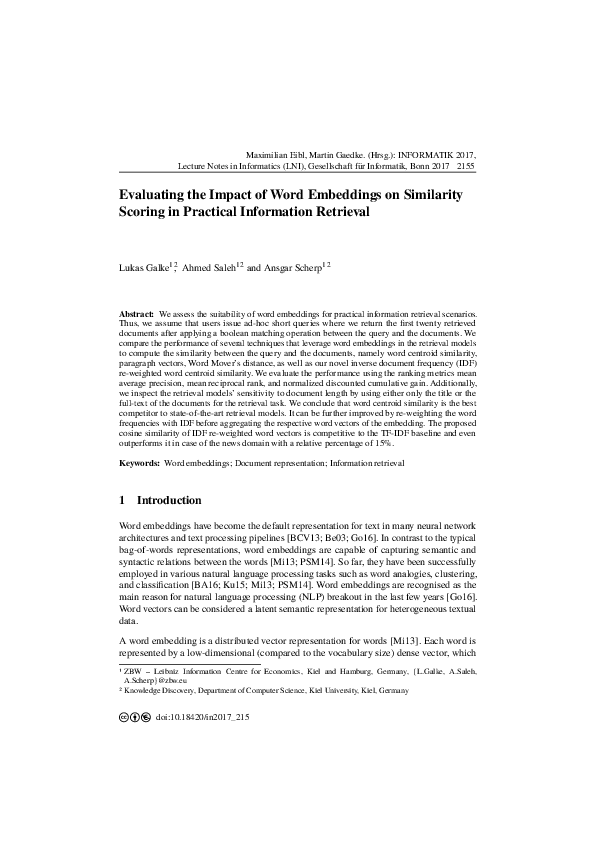 Pdf Evaluating The Impact Of Word Embeddings On Similarity Scoring In Practical Information