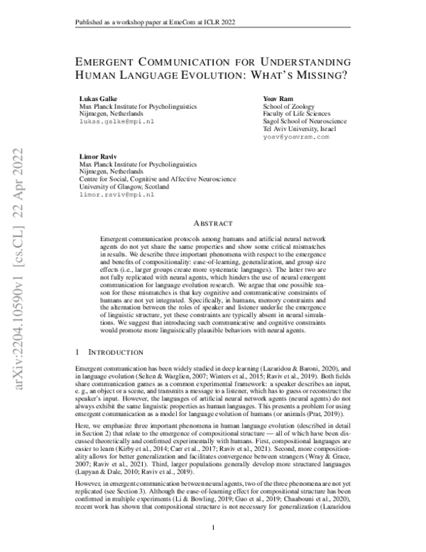 (PDF) Emergent Communication for Understanding Human Language Evolution ...