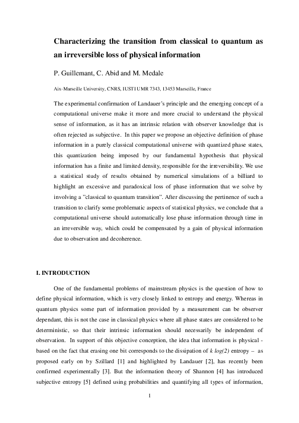 (PDF) Characterizing the transition from classical to quantum as an irreversible loss of ...