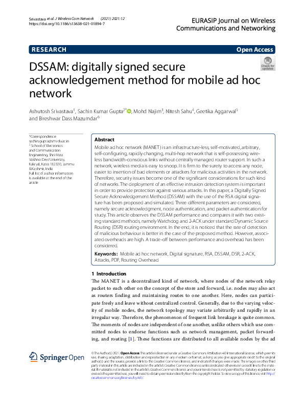 (PDF) DSSAM: Digitally Signed Secure Acknowledgement Method for Mobile Ad-hoc Network