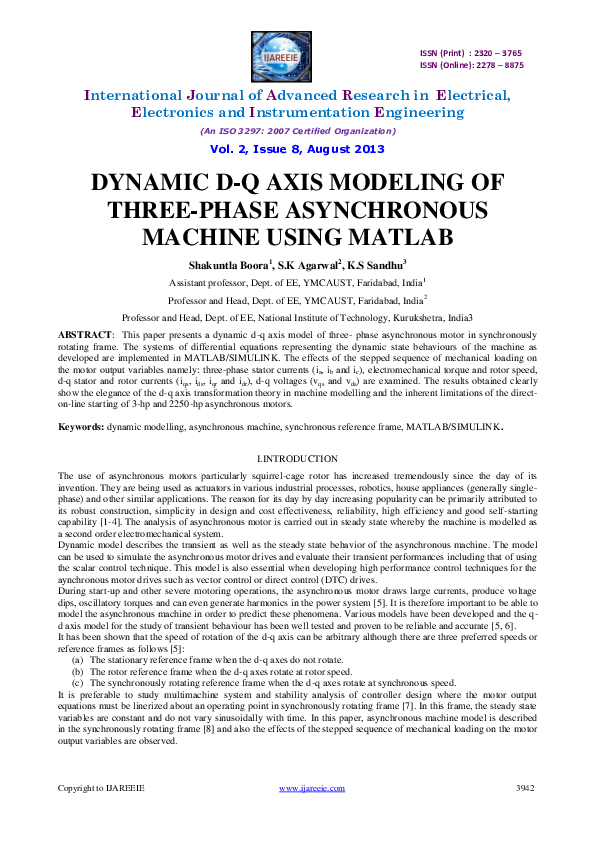 Pdf Dynamic D Q Axis Modeling Ofthree Phase Asynchronousmachine Using Matlab