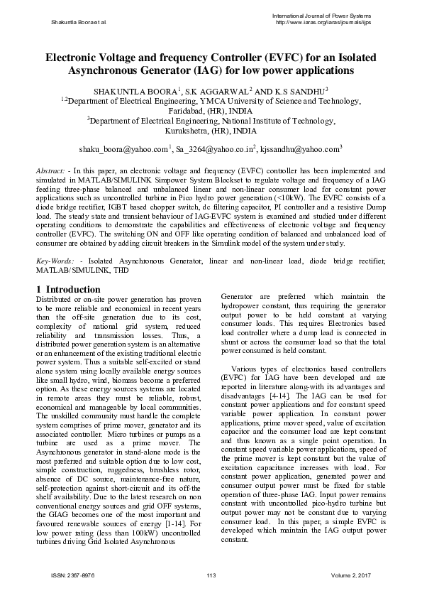 (PDF) Electronic Voltage and frequency Controller (EVFC) for an Isolated Asynchronous Generator ...