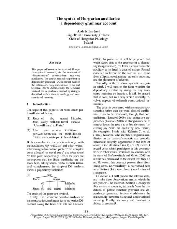 (PDF) The Syntax of Hungarian Auxiliaries: A Dependency Grammar Account
