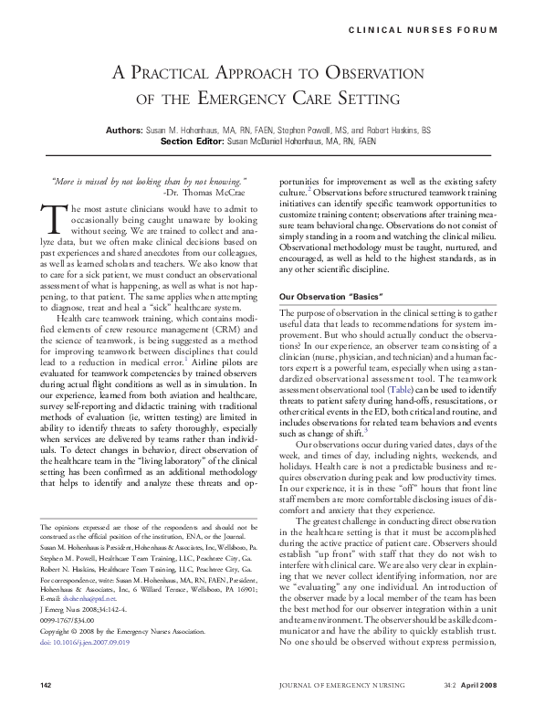 (PDF) A Practical Approach to Observation of the Emergency Care Setting