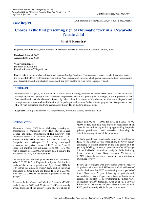 (PDF) Chorea as the first presenting sign of rheumatic fever in a 12 ...