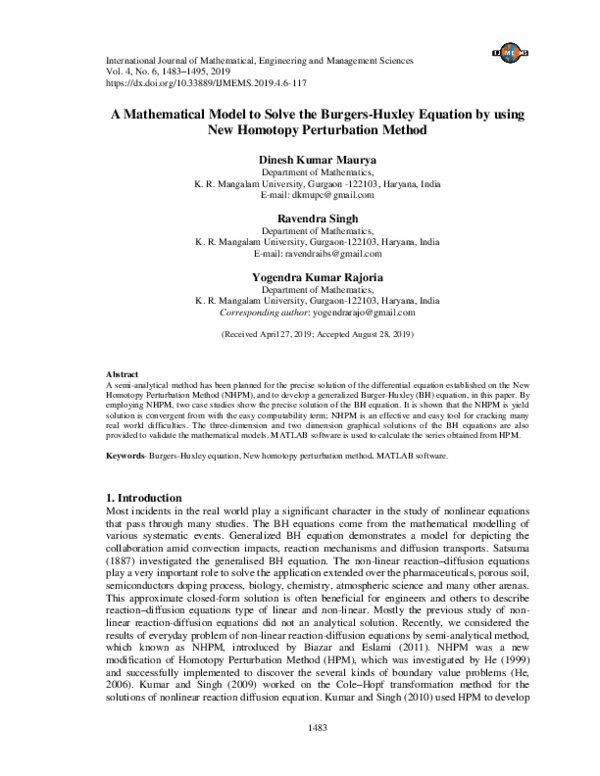 Pdf A Mathematical Model To Solve The Burgers Huxley Equation By