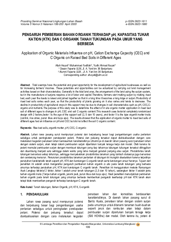 (PDF) PENGARUH PEMBERIAN BAHAN ORGANIK TERHADAP pH, KAPASITAS TUKAR KATION (KTK) DAN C ORGANIK ...