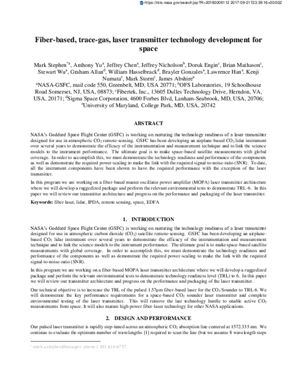 Fiber Based Trace Gas Laser Transmitter Technology Development For Space