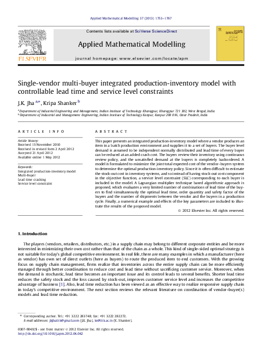 (PDF) Single-vendor multi-buyer integrated production-inventory model with controllable lead ...