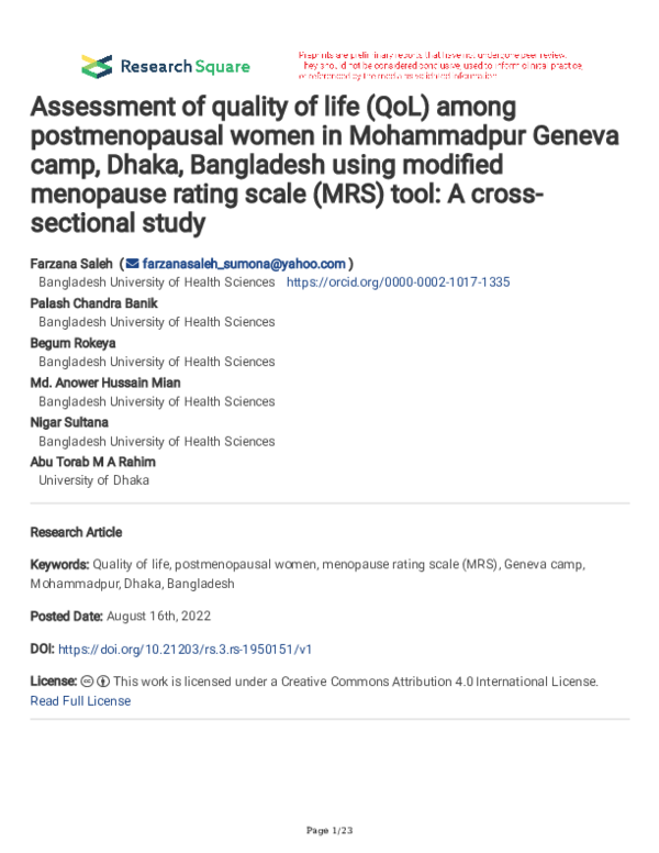 (PDF) Assessment of quality of life (QoL) among postmenopausal women in Mohammadpur Geneva camp ...