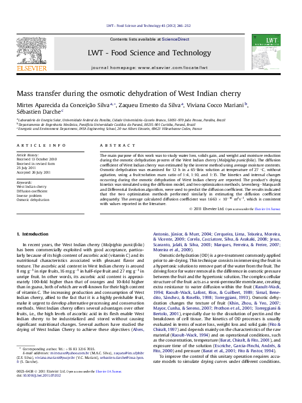 (PDF) Mass transfer during the osmotic dehydration of West Indian cherry