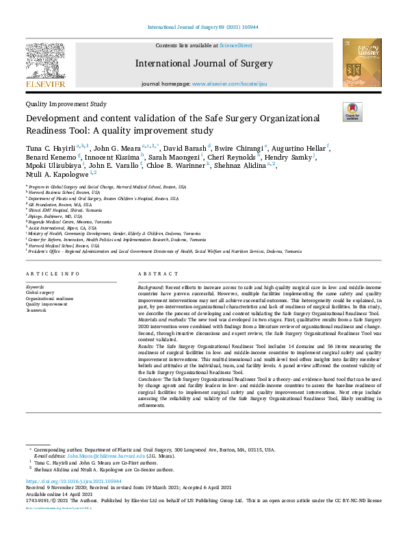 (PDF) Development and content validation of the Safe Surgery Organizational Readiness Tool: A ...