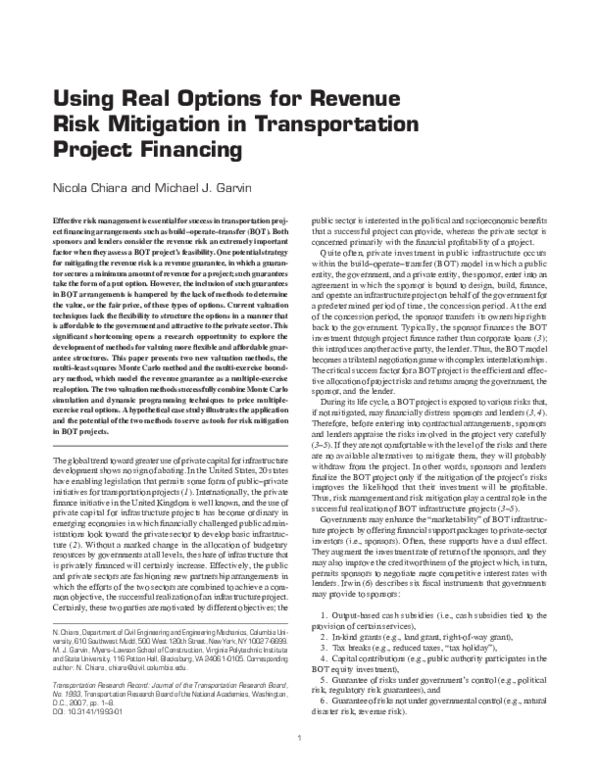 (PDF) Using Real Options for Revenue Risk Mitigation in Transportation ...