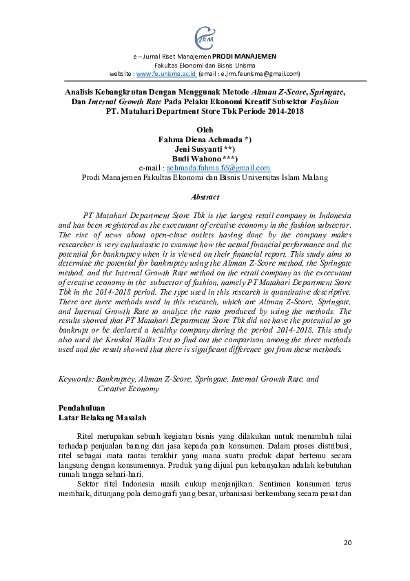 (PDF) Analisis Kebangkrutan Dengan Menggunak Metode Altman Z-Score ...