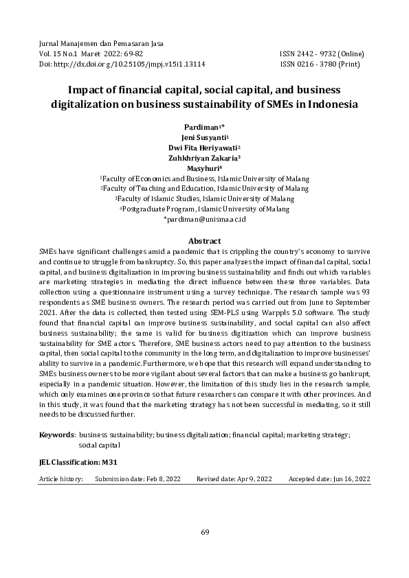 (PDF) Impact of financial capital, social capital, and business digitalization on business ...