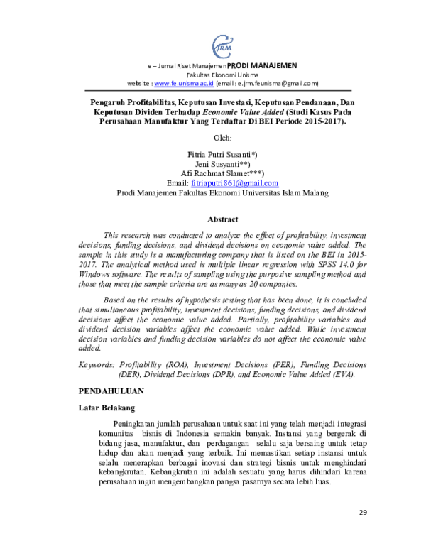 (PDF) Pengaruh Profitabilitas, Keputusan Investasi, Keputusan Pendanaan, Dan Keputusan Dividen ...