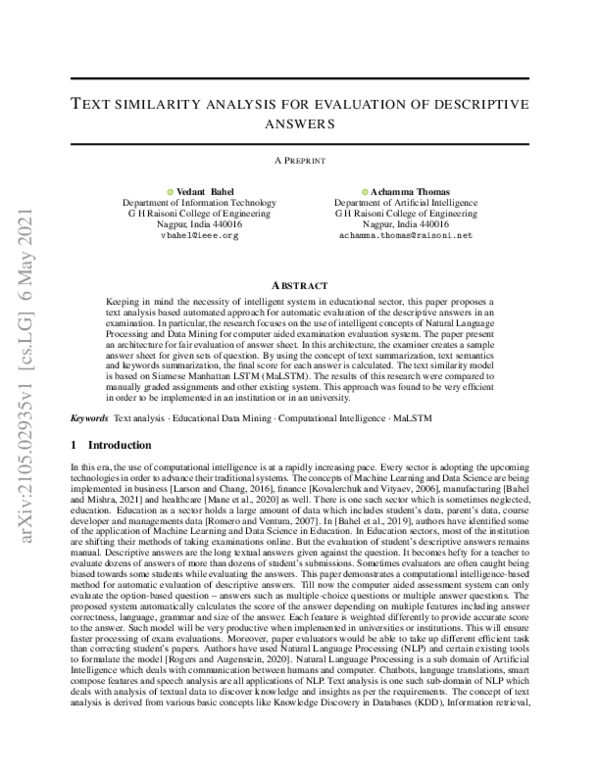 Pdf Text Similarity Analysis For Evaluation Of Descriptive Answers