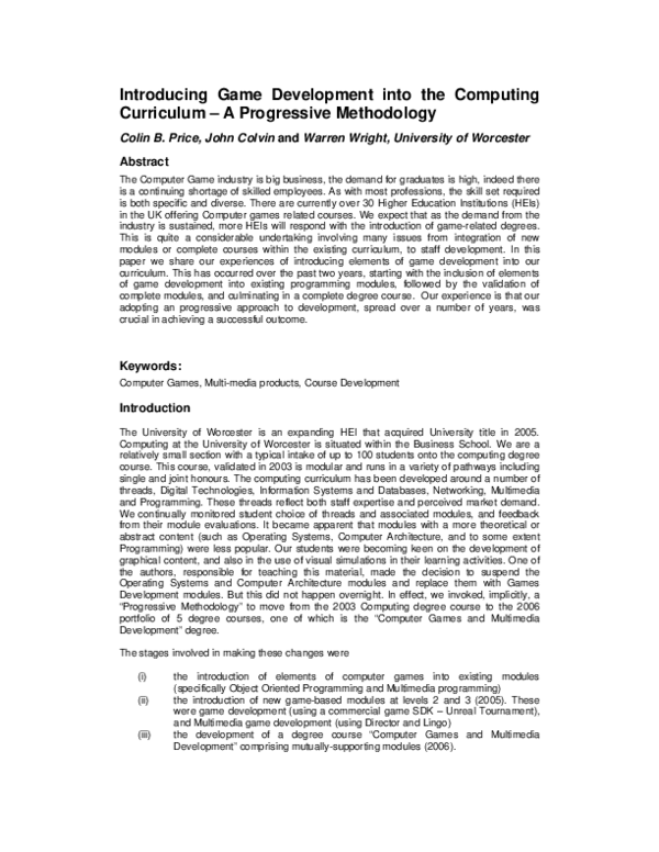 (PDF) Introducing Game Development into the Computing Curriculum — A ...