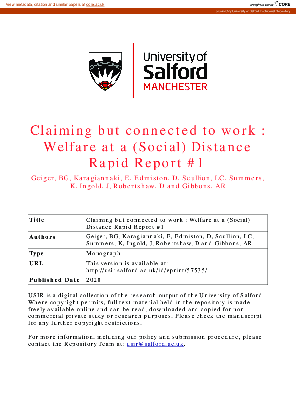 (PDF) Claiming but connected to work : Welfare at a (Social) Distance ...