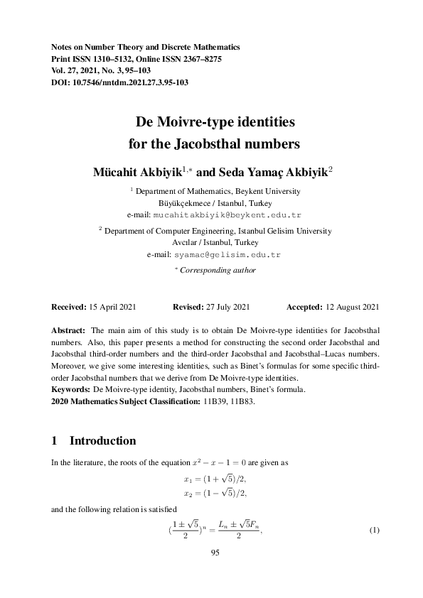 (PDF) De Moivre-type identities for the Jacobsthal numbers